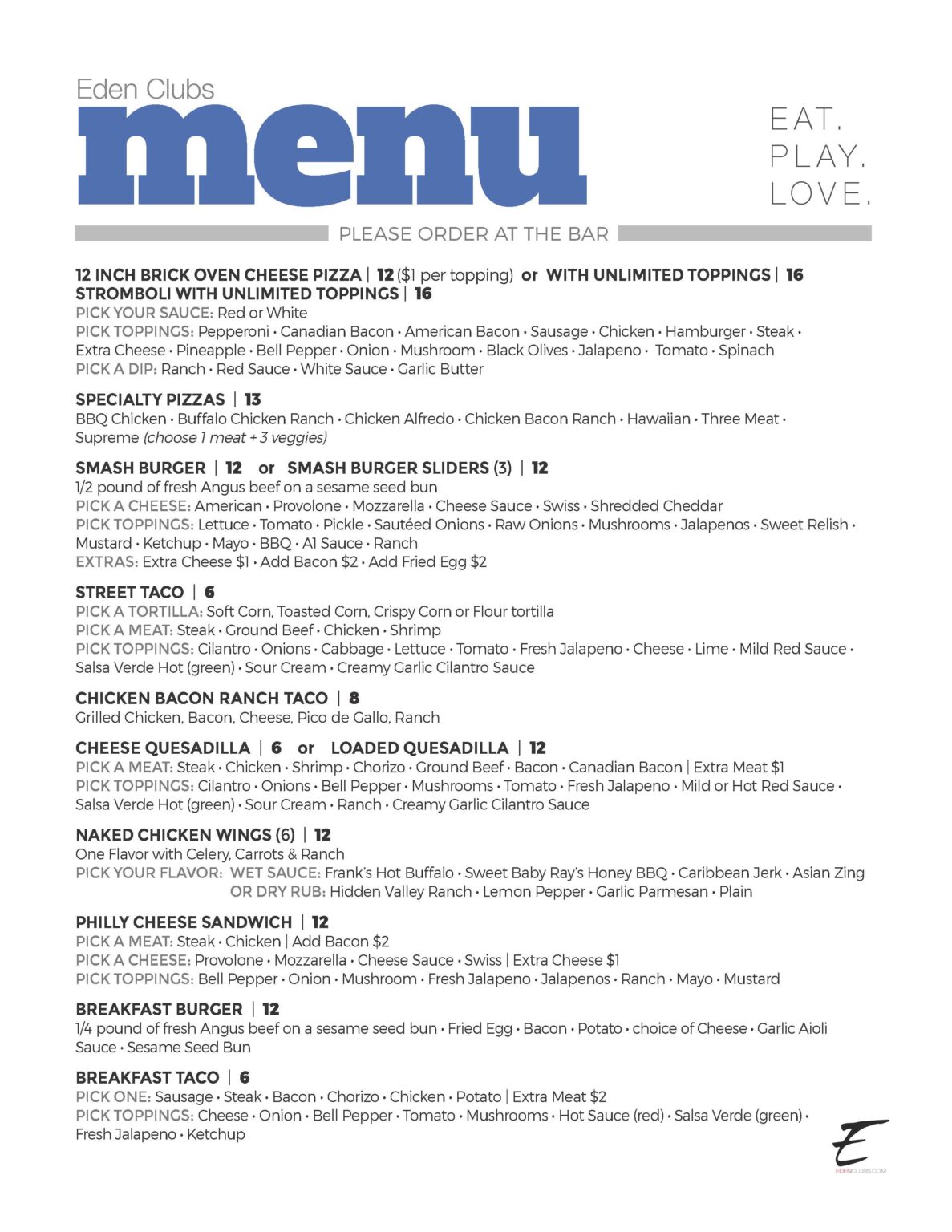 Menu – Club Eden